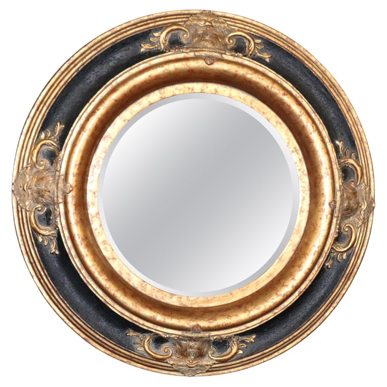Traditional English Regency Style Ebonized and Gilded Round Wall Mirror ...