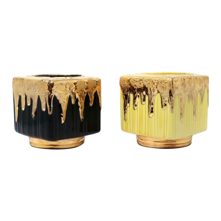 Pair of Mid-Century Modern Gold Metallic Glazed Ceramic Planters For ...