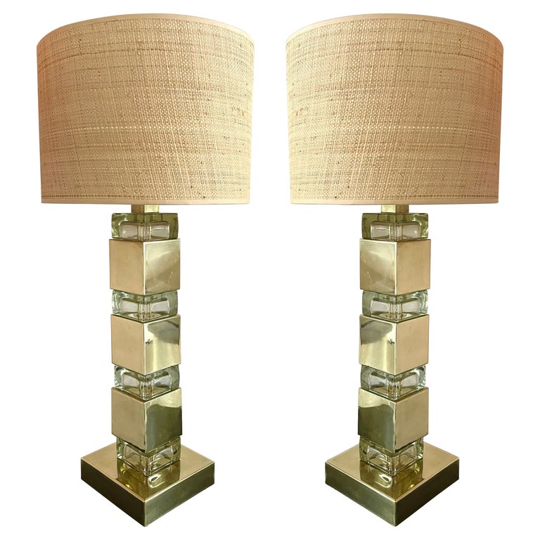Contemporary Pair of Lamps Brass Column Cube Murano Glass, Italy For ...