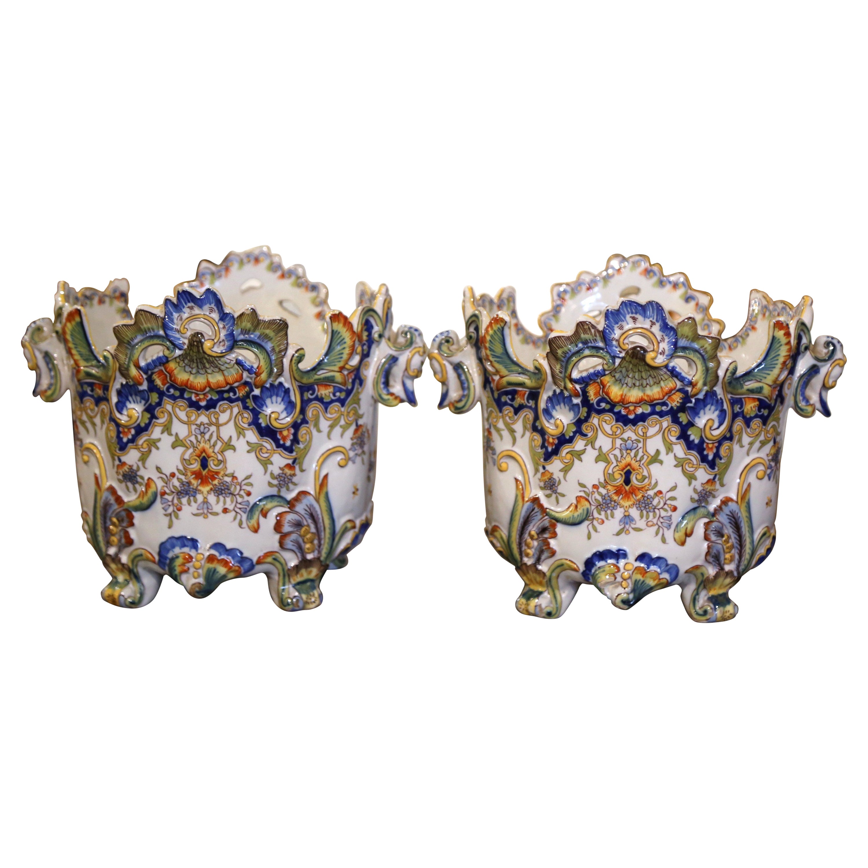 Pair of Mid-Century Hand-Painted Faience Cache Pots from Rouen, France ...