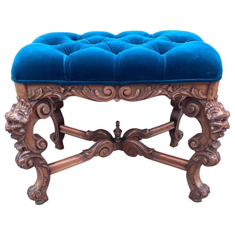 Antique Gothic Gryphon Carved Ottoman Newly Upholstered in Blue Velvet ...