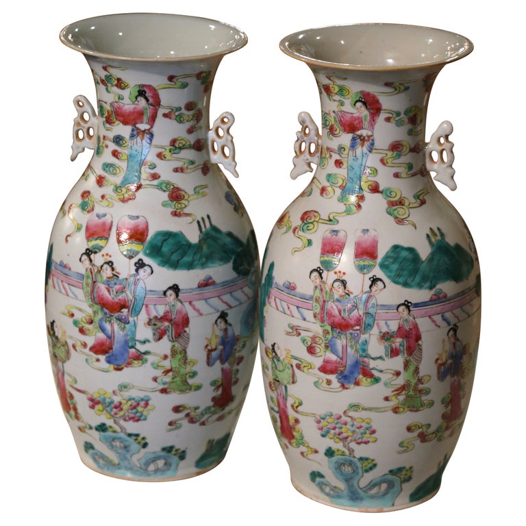 Pair of Mid-Century Chinese Polychrome Porcelain Vases at 1stDibs