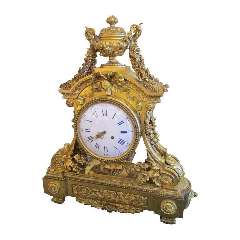 Fine Large Gilt Bronze Louis XV Signed Mantle Clock For Sale at 1stDibs
