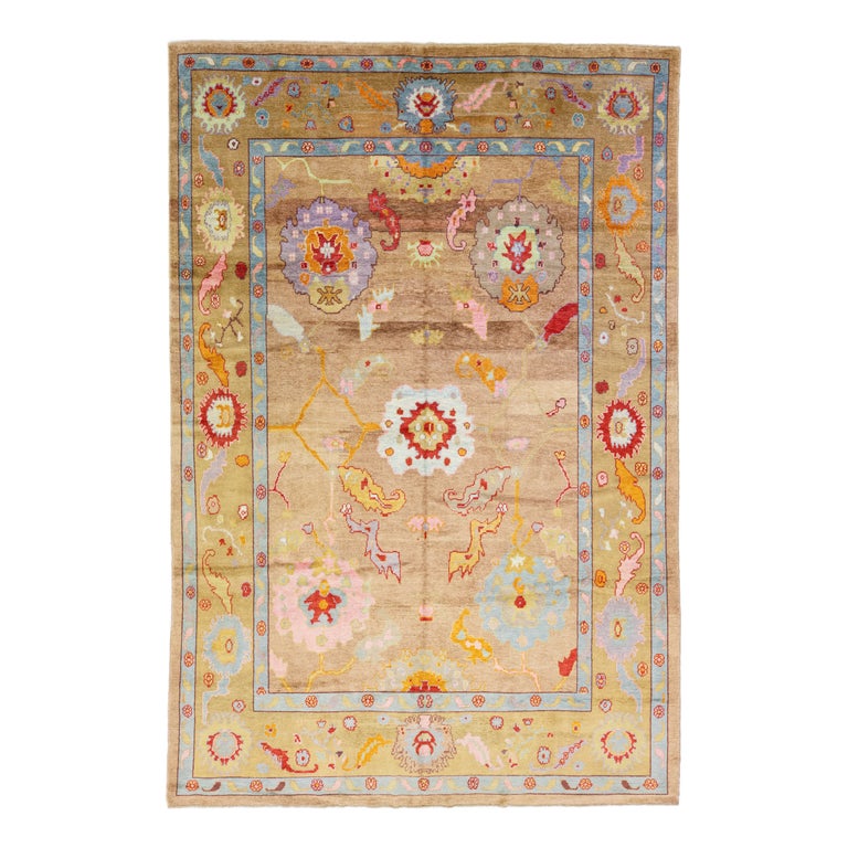 Modern Oversize Turkish Kars Handmade Tan Wool Rug With Floral Pattern ...