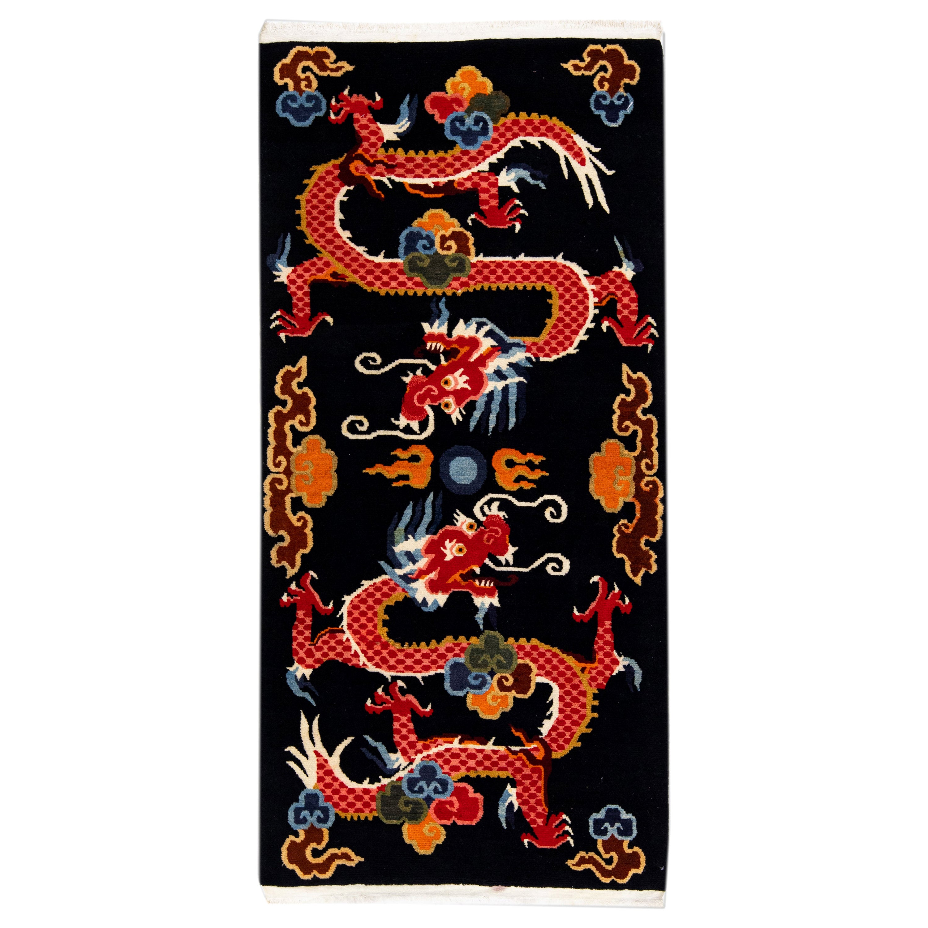 Black Handmade Vintage Chinese Peking Scatter Wool Rug with Traditional ...