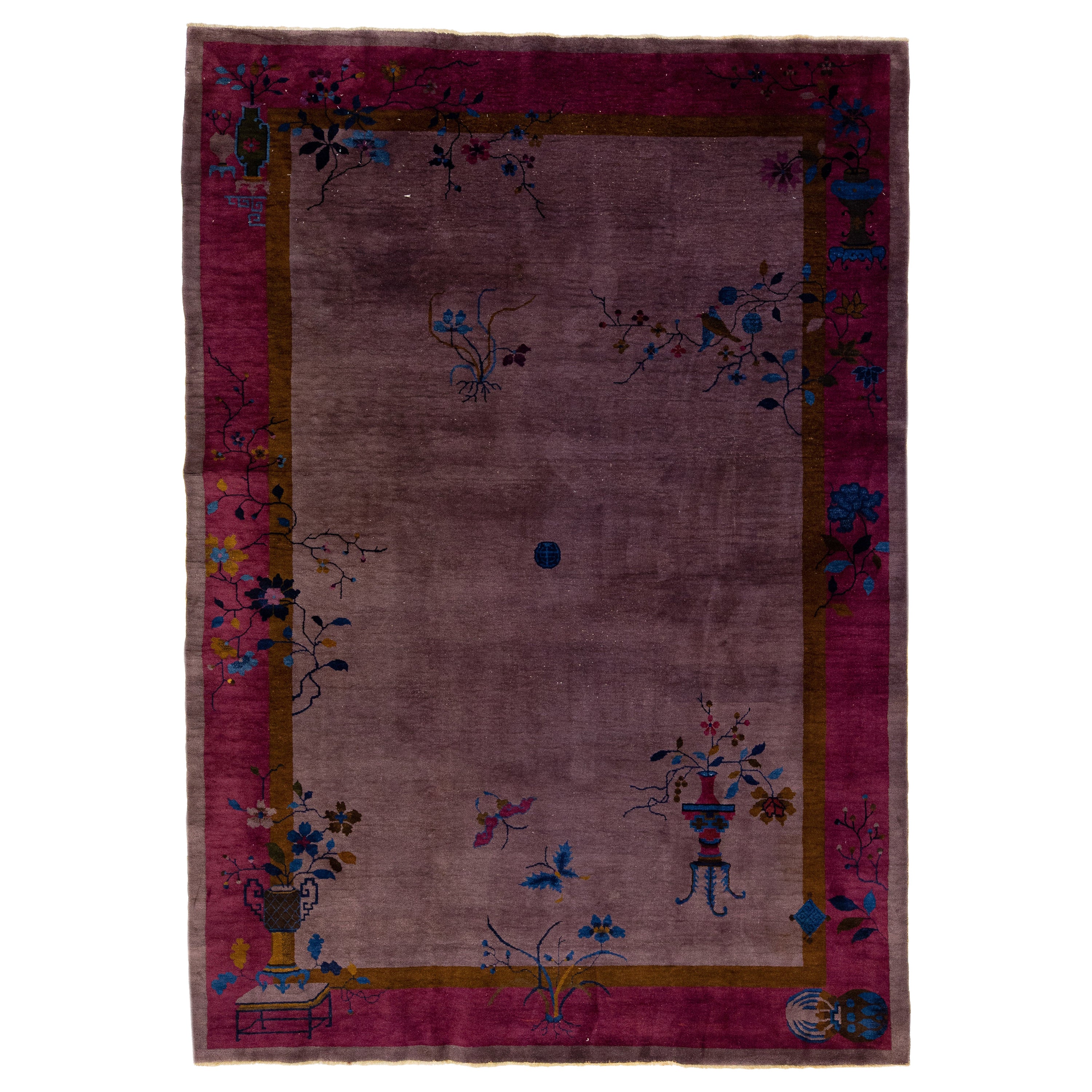 Burgundy Antique Chinese Art Deco Handmade Wool Rug with a Traditional ...