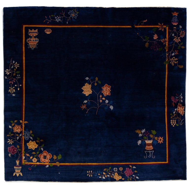 Blue Handmade Antique Peking Chinese Square Wool Rug with Floral Desig ...