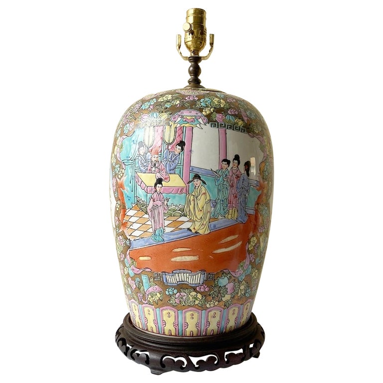 Vintage Chinese Hand Painted Porcelain Table Lamp For Sale at 1stDibs