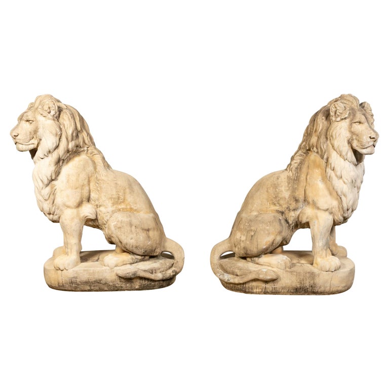 Pair of Large Cast and Carved Stone Lions For Sale at 1stDibs