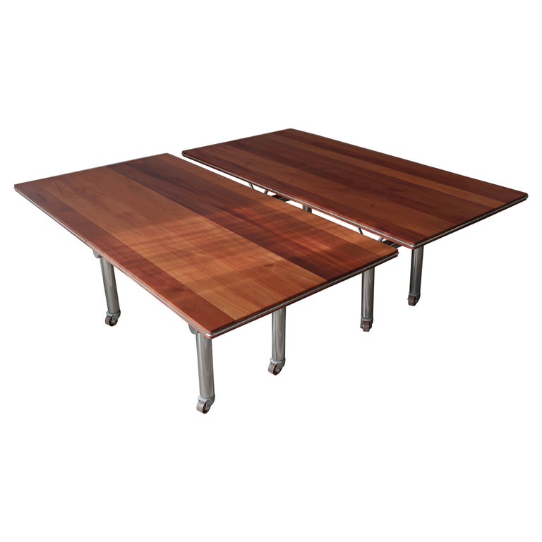 Pair of Mid Century Solid Mahogany and Stainless Tables For Sale at 1stDibs