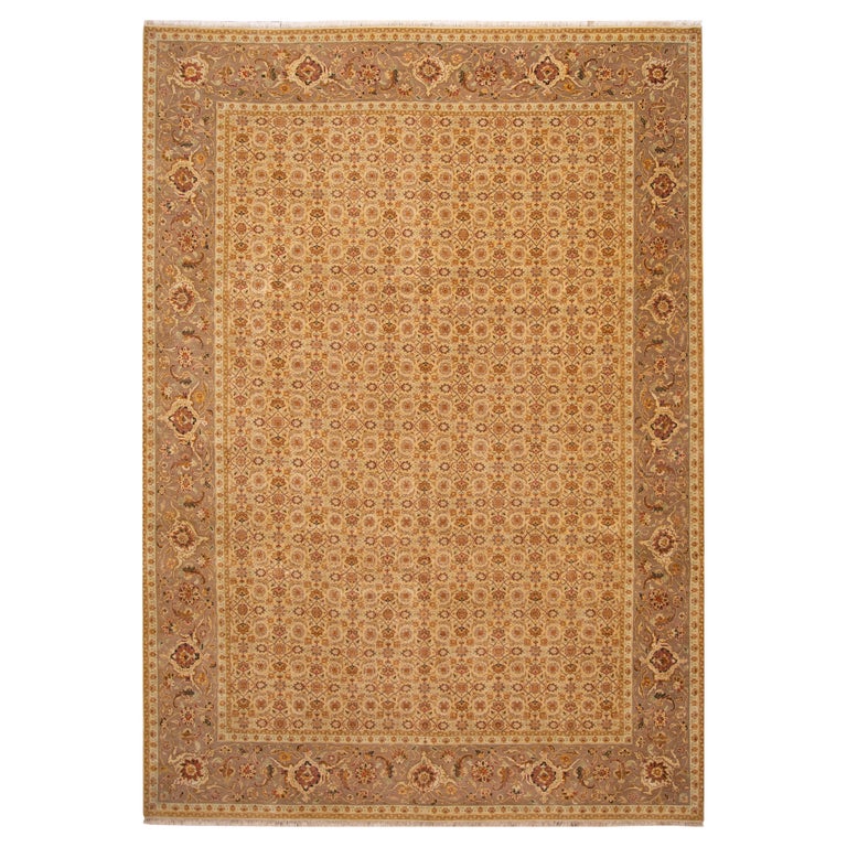 Handmade Modern Tabriz Style Beige Wool and Silk Rug with Floral Motif ...
