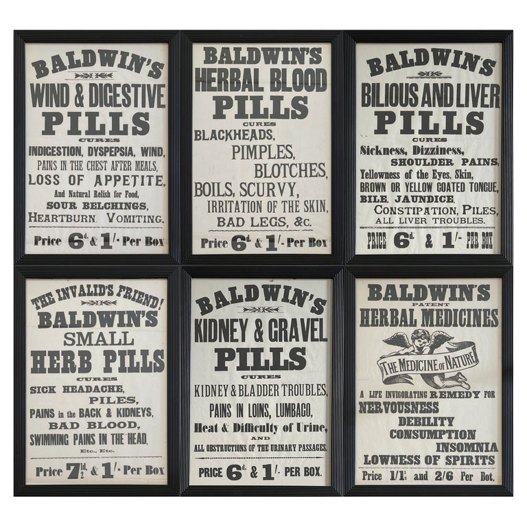 Set of Six Original Victorian 'Baldwin's Pills' Vintage Framed Posters ...