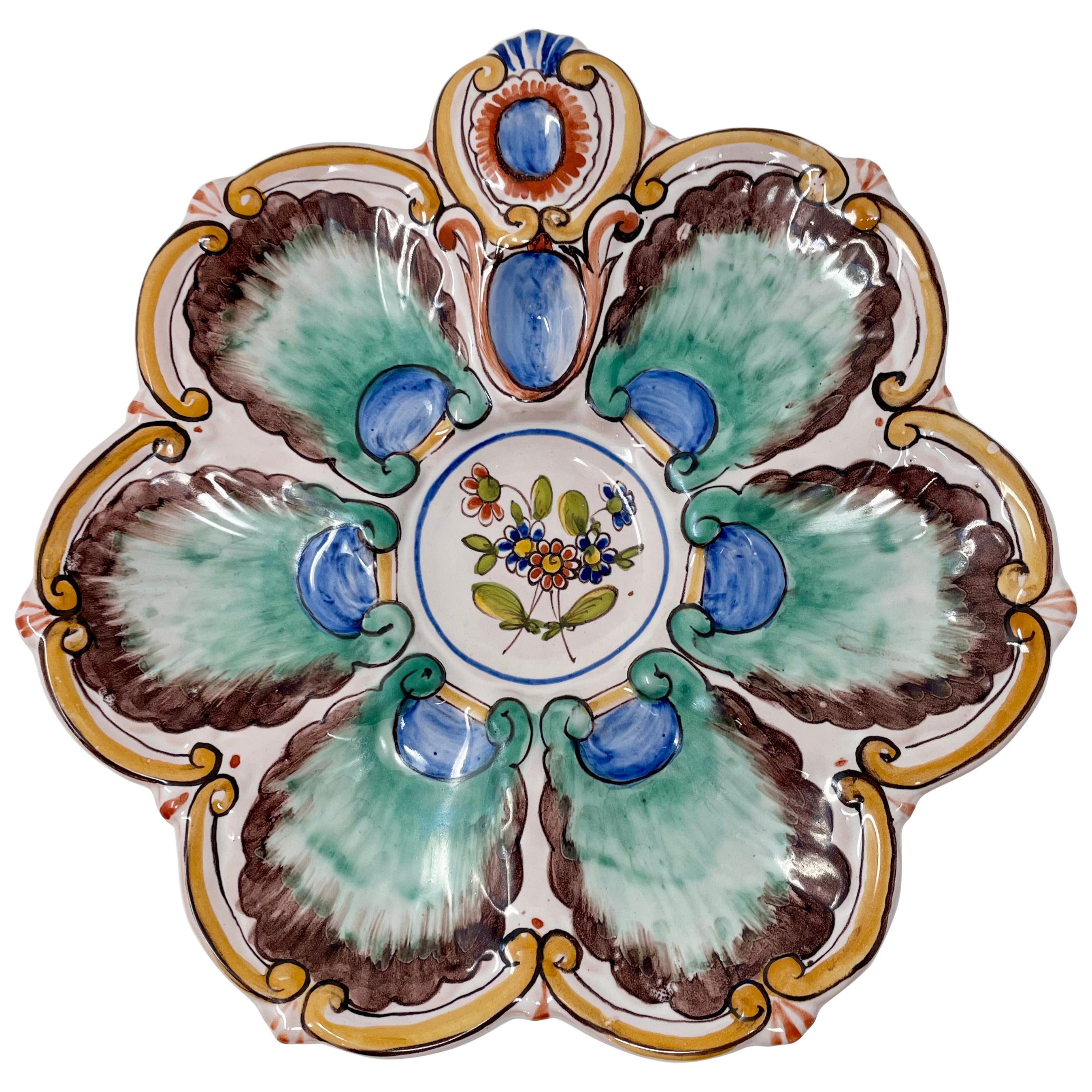 Antique French Faience Blue, Green and Yellow Porcelain Oyster Plate ...