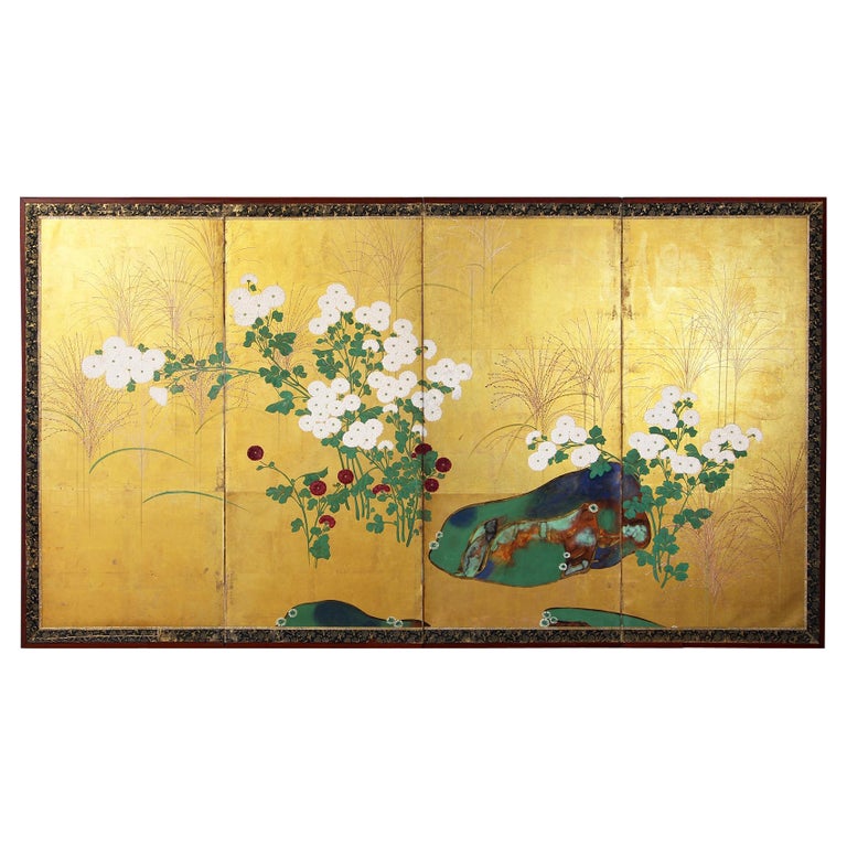 Edo Landscape Japanese Folding Screen in Gold Leaf For Sale at 1stDibs