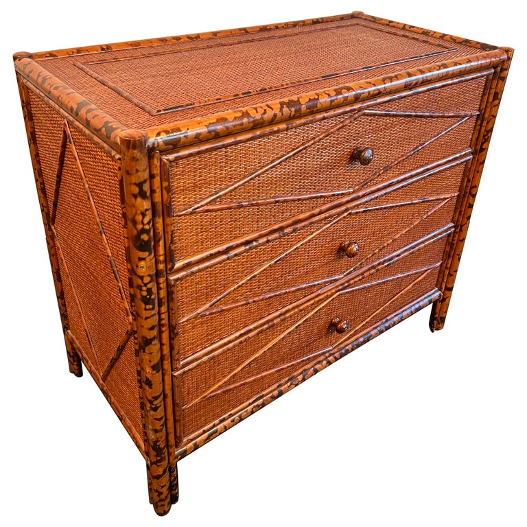 Colonial Style Burnt Bamboo and Cane Chest of Drawers at 1stDibs