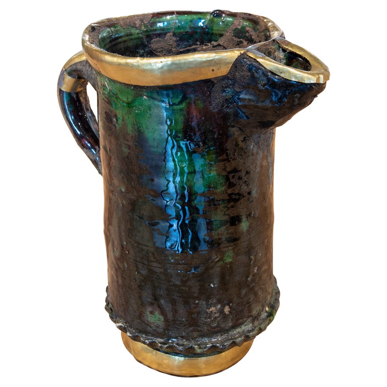 Green Glazed Ceramic Jug with Metal Strengthening For Sale at 1stDibs