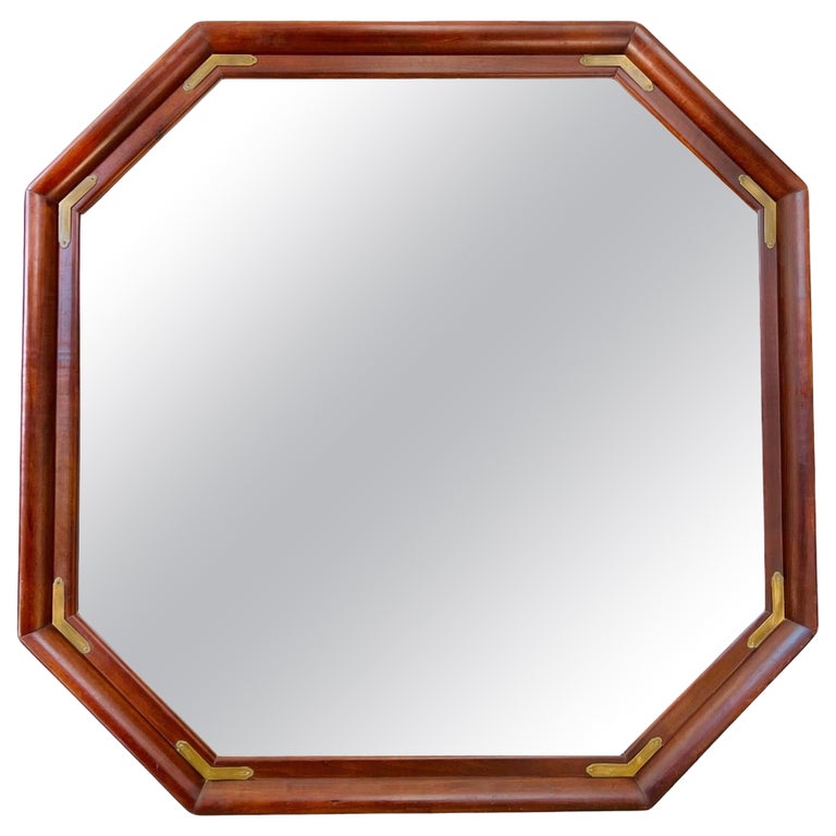 Mid-Century Modern Campaign Wood Octagonal Mirror For Sale at 1stDibs