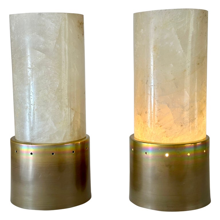 Late 20th Century Pair of Round Brass and White Rock Crystal Stone ...