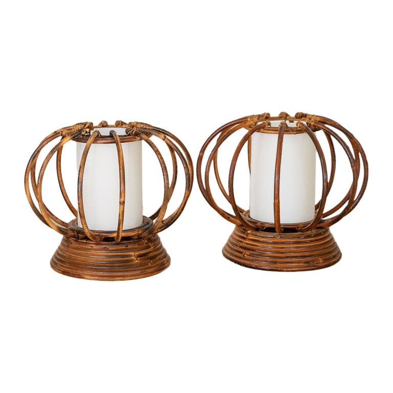 Pair of French Rattan Orb Table Lamps For Sale at 1stDibs
