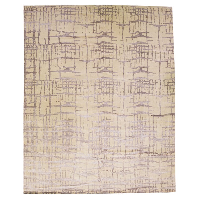 Tan Modern Ikat Handmade Wool and Silk Rug with Abstract Design For ...