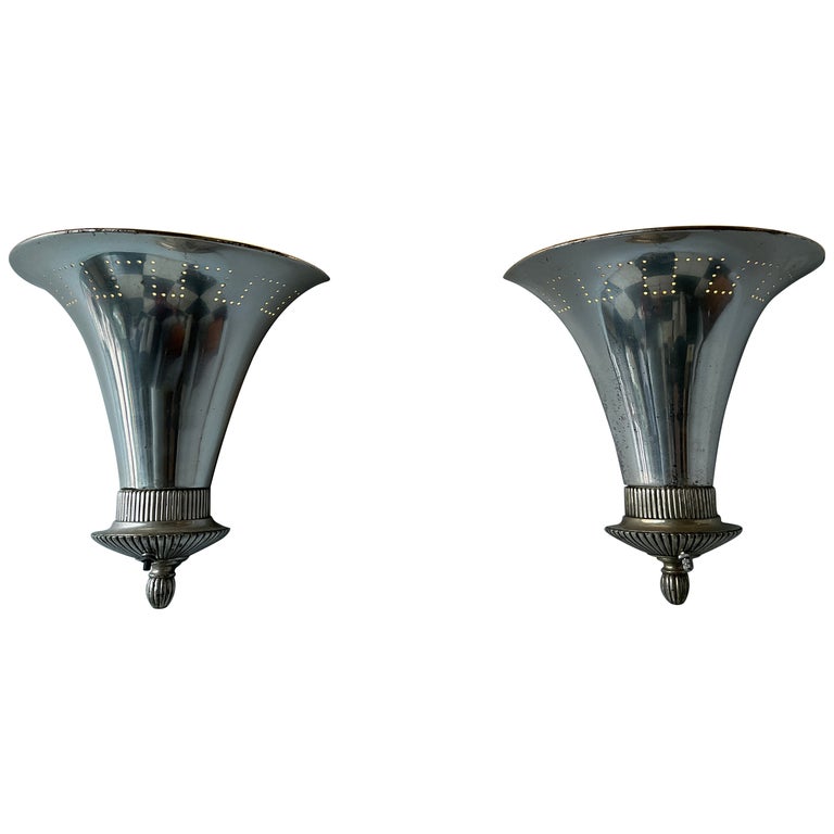 Pair 1930s Silver Plate Hollywood Regency Uplight Sconces with Greek ...