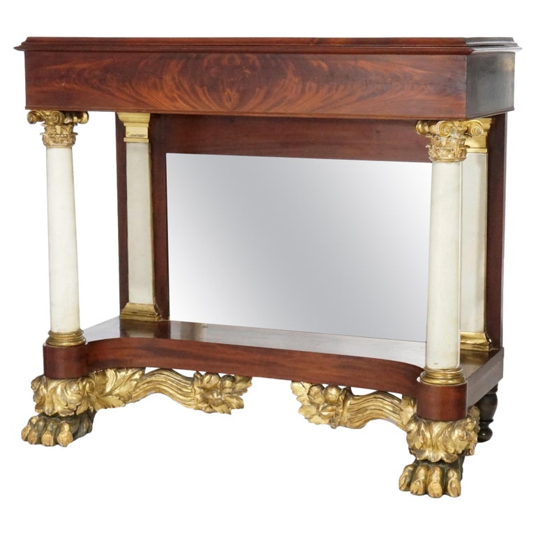 Antique Greco American Empire Flame Mahogany, Marble and Gilt Pier Table, C1830 at 1stDibs