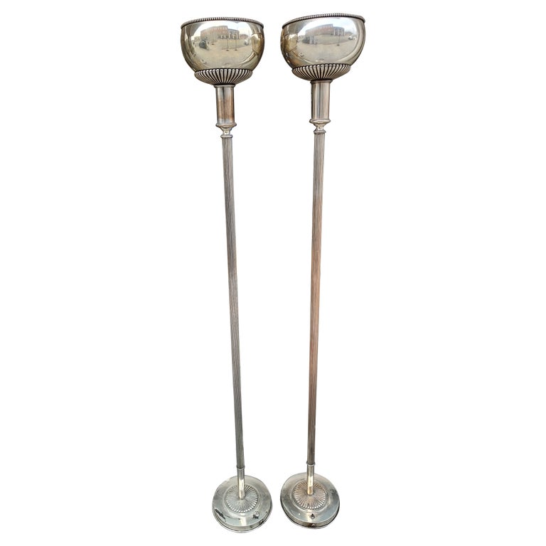 Mid-Century Pair of Art Deco Torchiere Lamps in Nickel For Sale at 1stDibs
