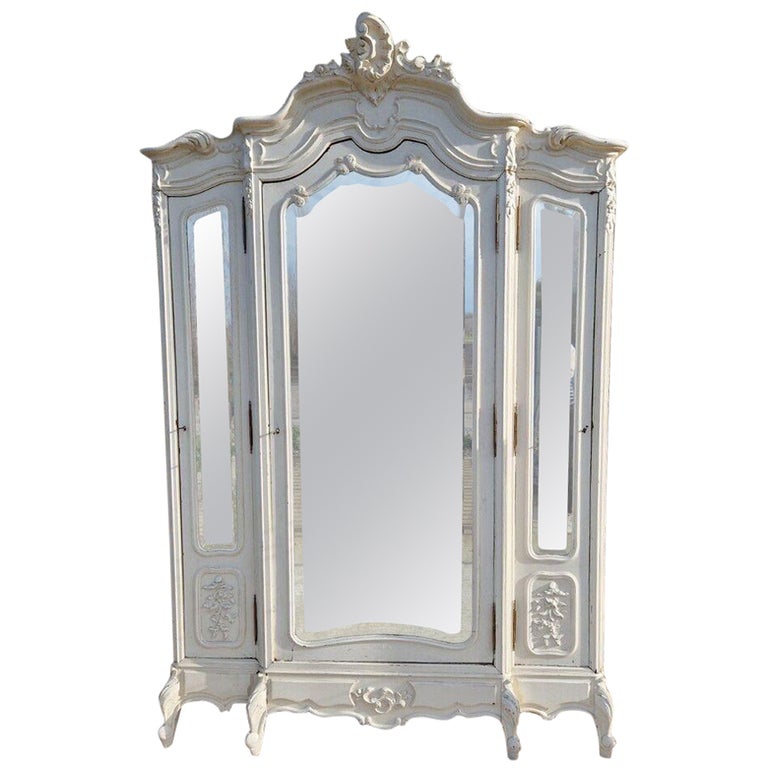 French Wardrobe Antique Rococo Armoire Carved Wood Triple Door For Sale ...
