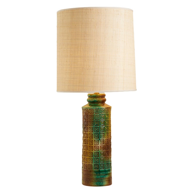 Italian 1960's Amber and Green Etched Pottery Lamp For Sale at 1stDibs