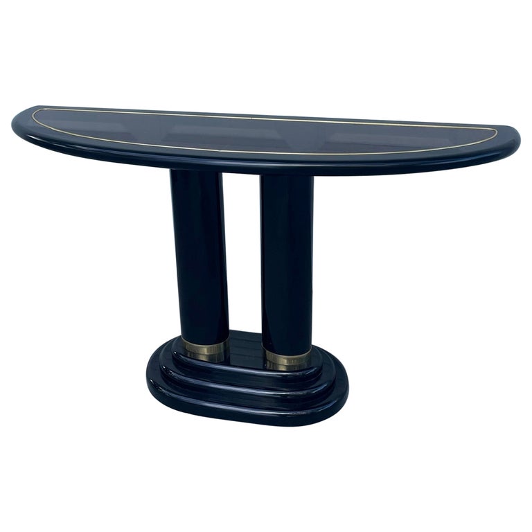 Henredon Scene Three Burl Wood and Black Lacquer Demilune Console Table ...