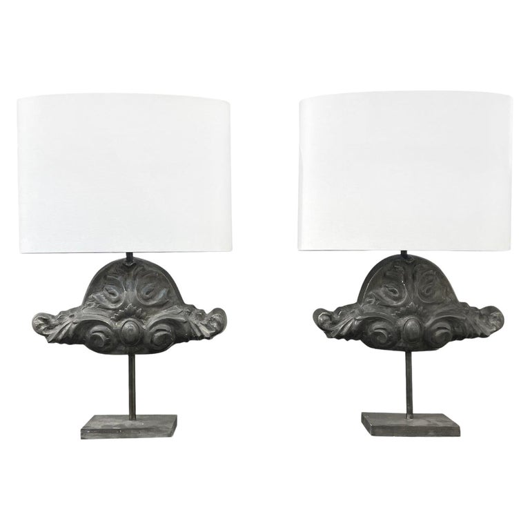 20th Century Grey Belgian Pair of Lead Table Lamps, Vintage Desk Lights ...