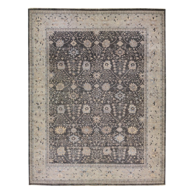 Charcoal Modern Handmade Indian Wool Rug With Floral Design by Apadana ...