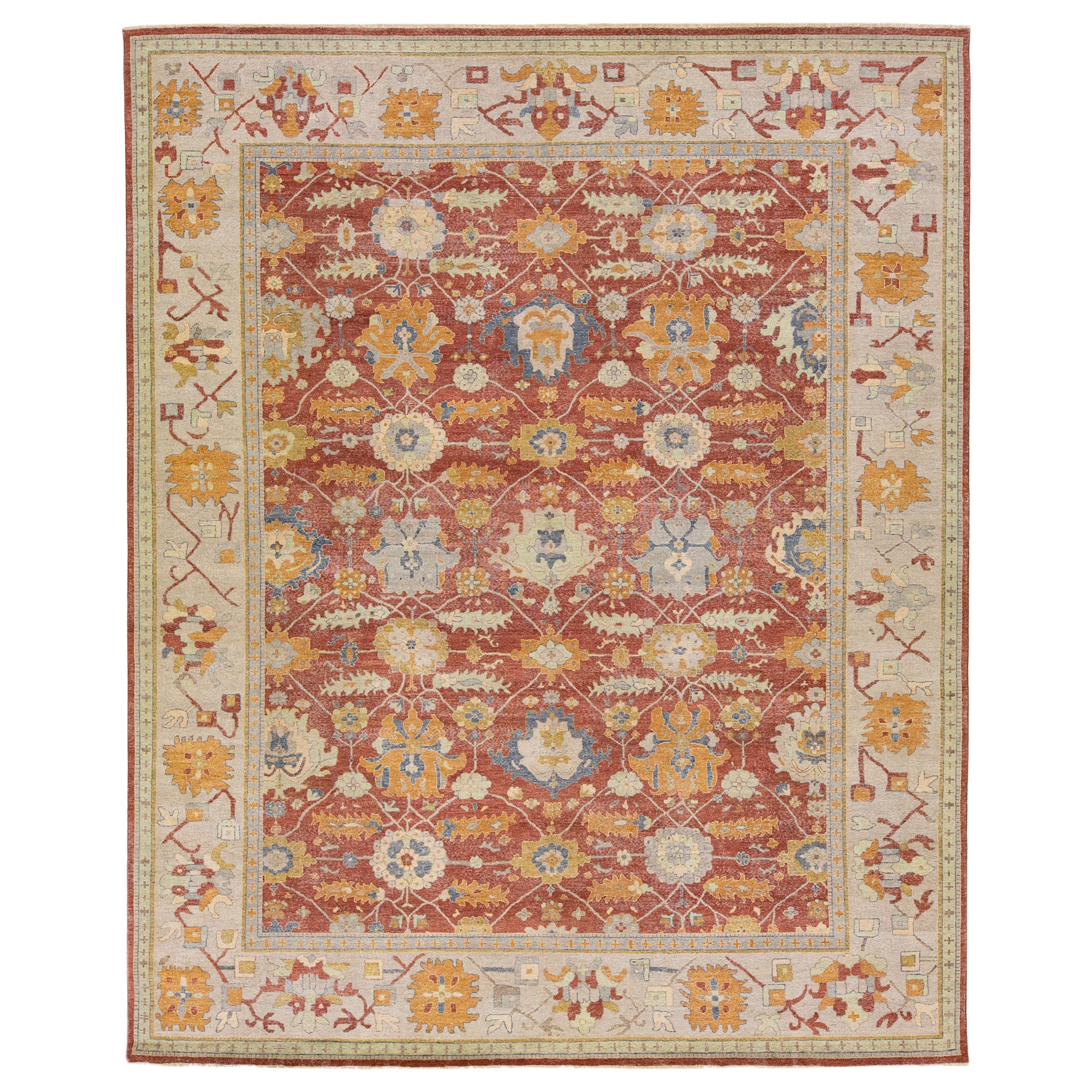 Rust Modern Tabriz Handmade Indian Wool Rug with Floral Pattern by ...