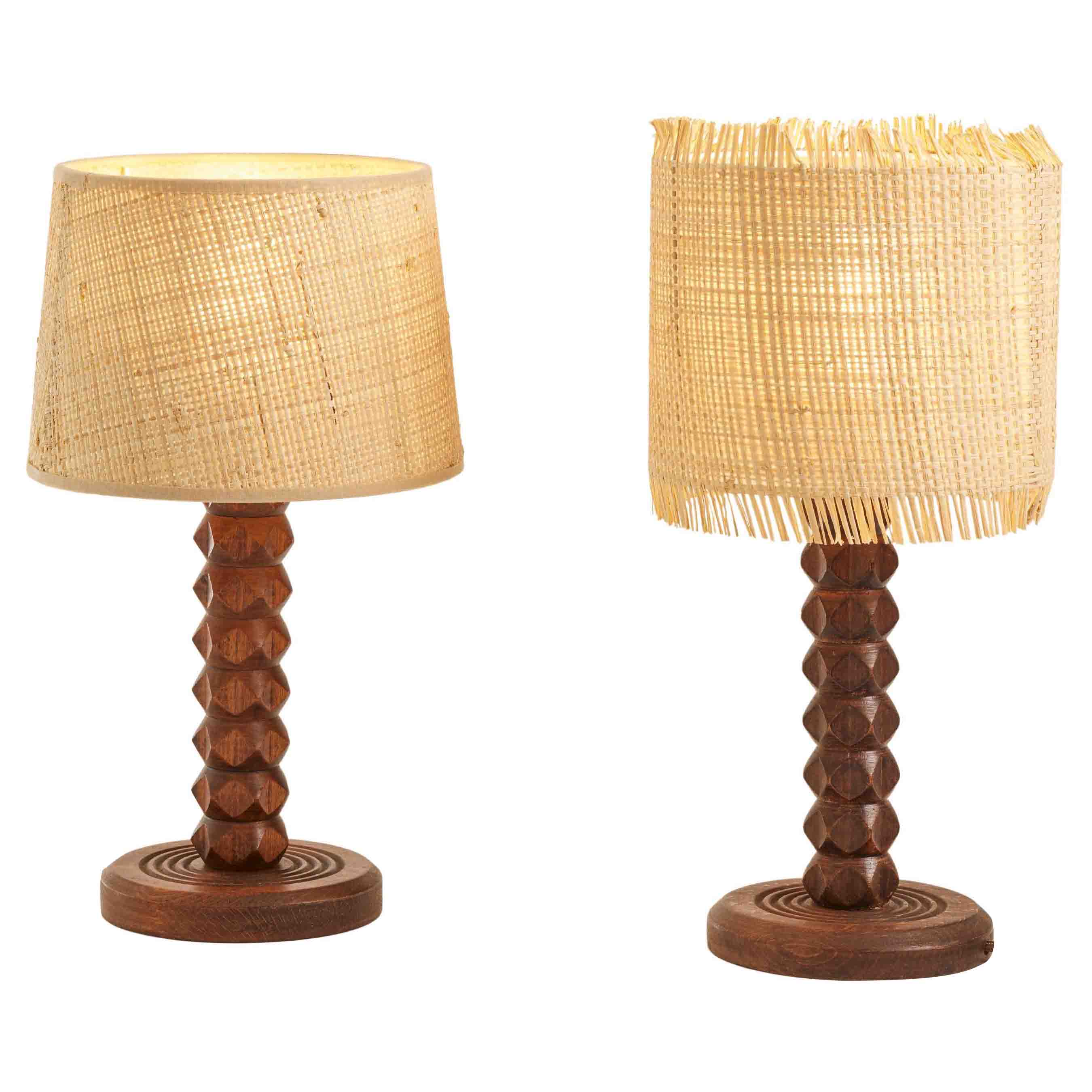 French, 1950's Pair of Oak Lamps For Sale at 1stDibs