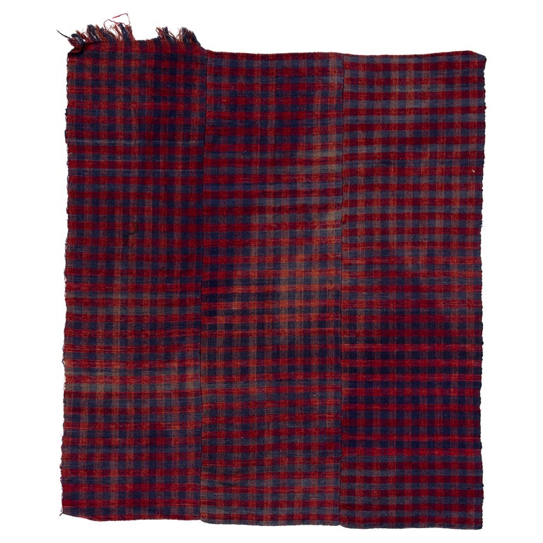 4.5x5 ft Vintage Checkered Kilim in Red and Blue, Decorative Handmade ...