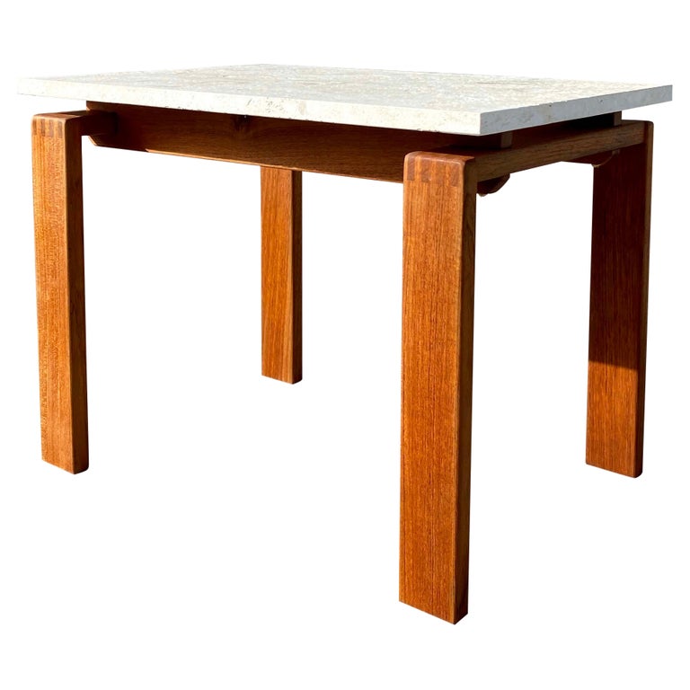 Mid Century Danish Rectangular Teak Table with Travertine Stone Top For Sale at 1stDibs