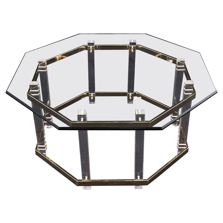 Octagonal Lucite Base Glass Top Mid-Century Modern Round Coffee Table ...