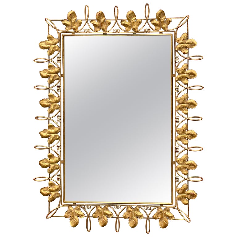 Unique Arts and Crafts Style Wall Mirror w. Gold Painted Grape Leafs ...