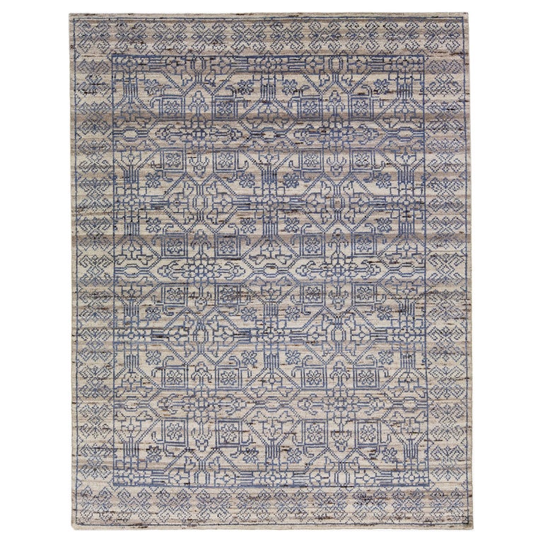 Tapis indien moderne en laine grise fait main avec motif géométrique ...