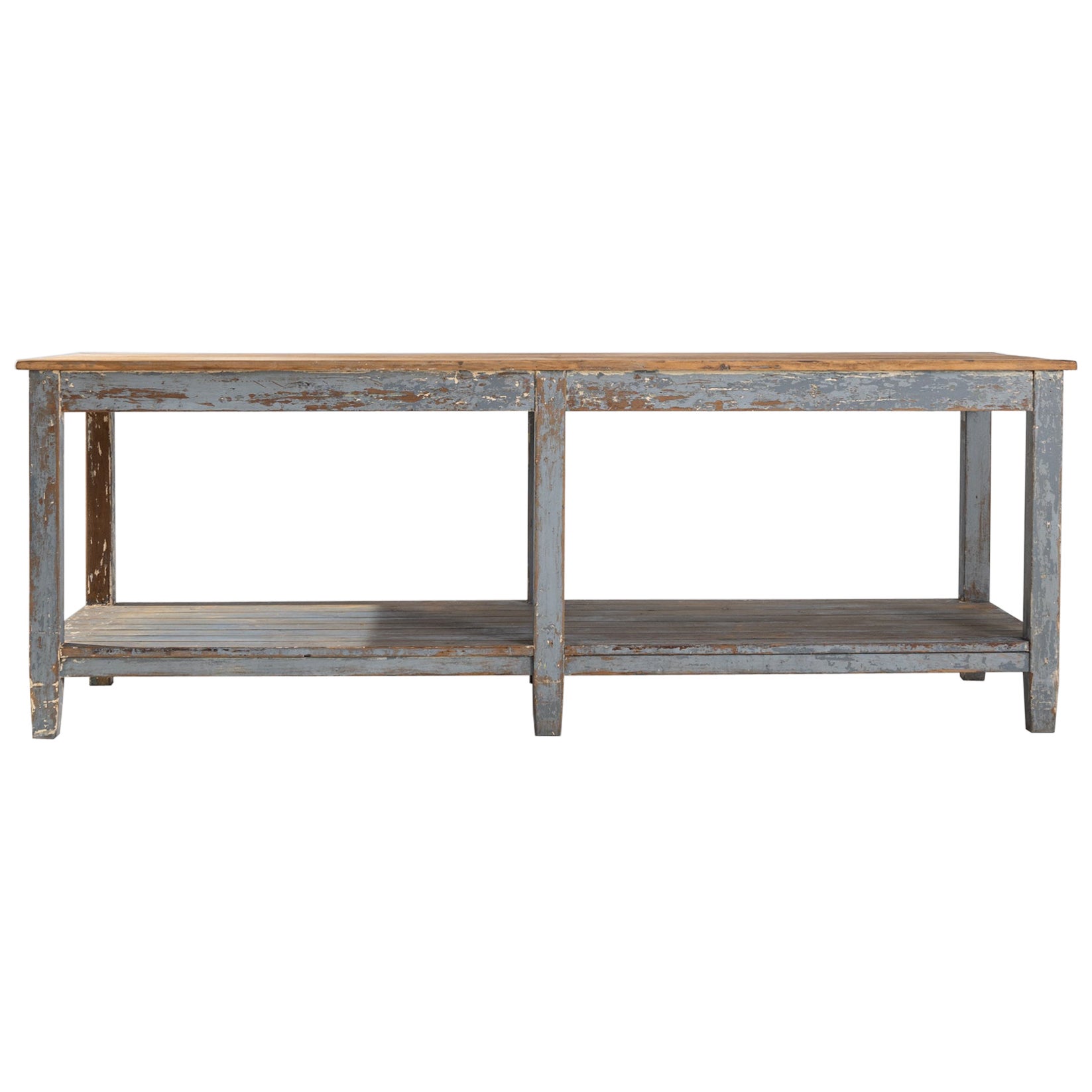 Antique Long Industrial Work Table with Original Green Painted Base For ...