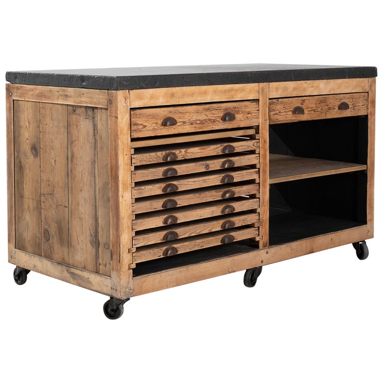 1940s Belgian Wooden Shop Counter on Wheels For Sale at 1stDibs