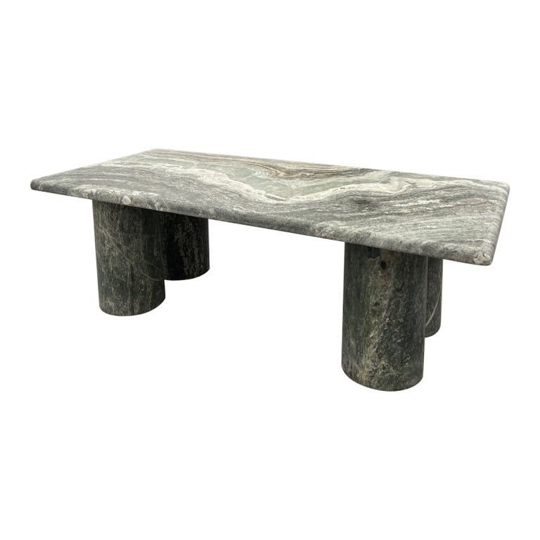 Solid stone green marble rectangle coffee table with cylinder column ...