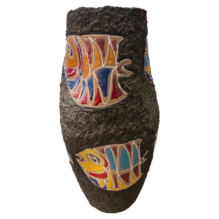 Large Ceramic Vase with Glazed Fish Decorations For Sale at 1stDibs