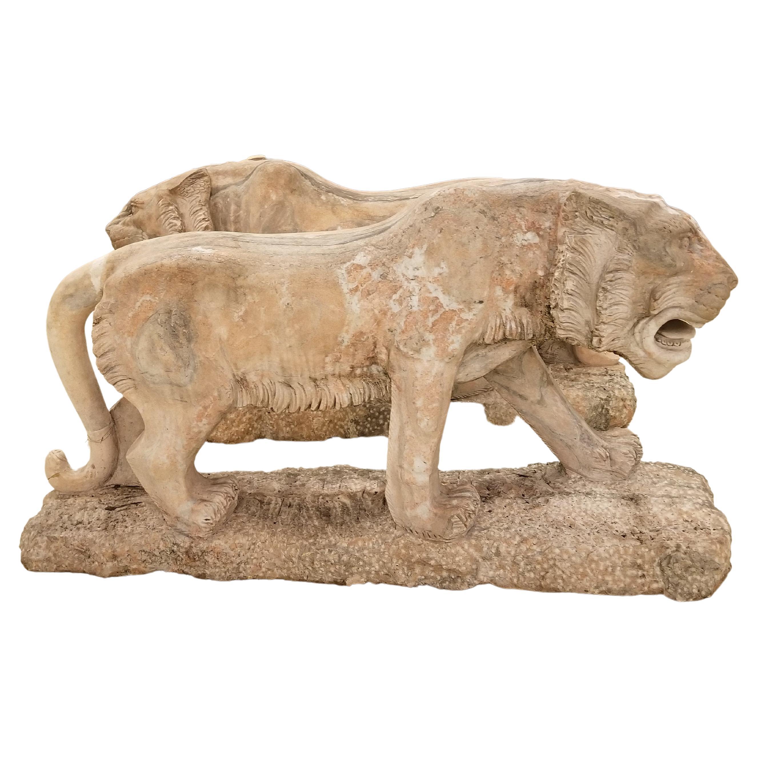 Pair of 20th Century Life-Size Striated Pink Marble Lions For Sale at ...