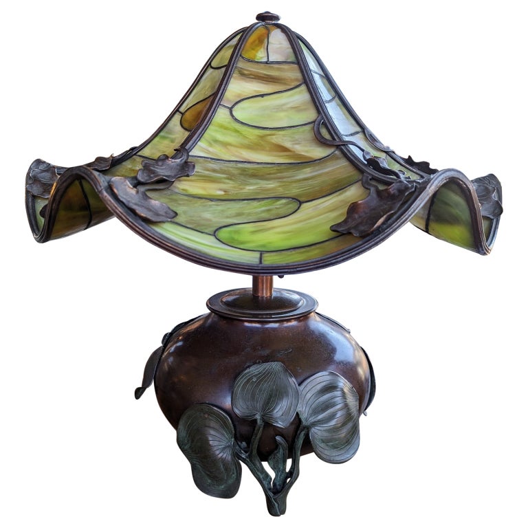 Antique Art Nouveau Bronze Table Lamp Lily Green Slag Glass Tiffany ...