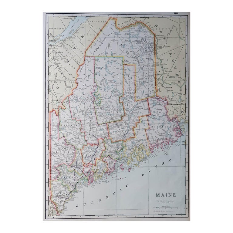 Large Original Antique Map of Maine, USA, C.1900 For Sale at 1stDibs