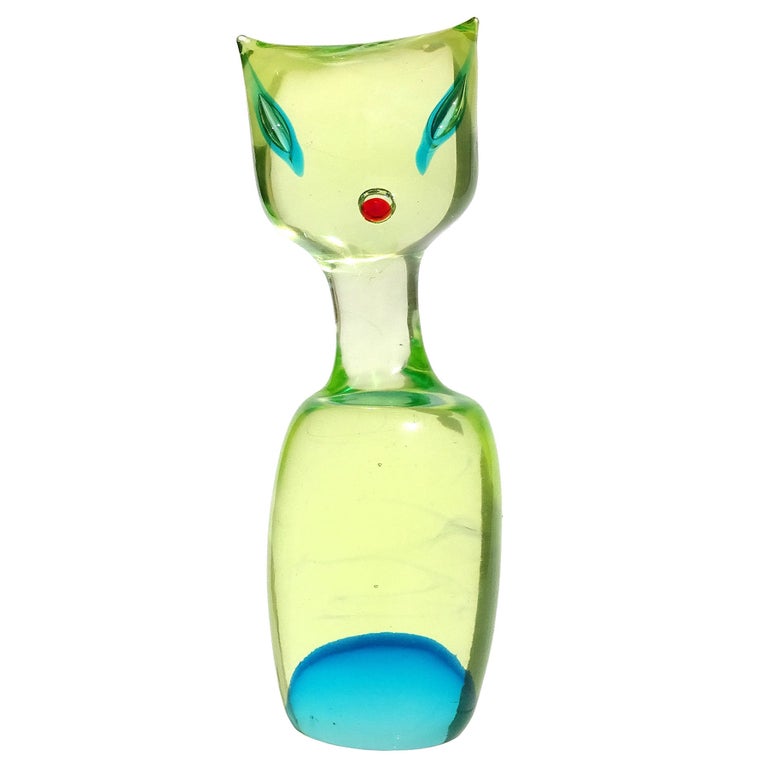 Cenedese Murano Sommerso Uranium Yellow Italian Art Glass Kitty Cat ...