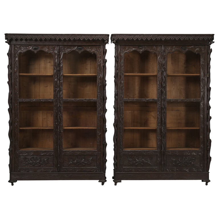 Antique Black Forest Matched Pair of Bookcases, Original Wavy Glass, c1800''s For Sale at 1stDibs