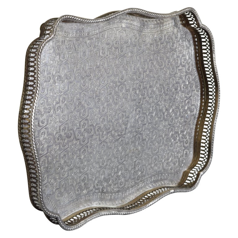 Moroccan Rococo Style Engraved Silver Plate Serving Tray, Pierced ...