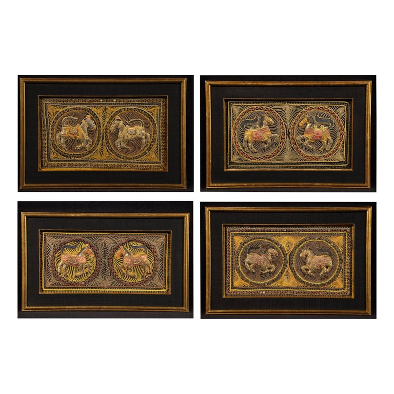 Set of 4 Burmese Kalaga Tapestry in Golden Frames, Burma, 19th Century ...